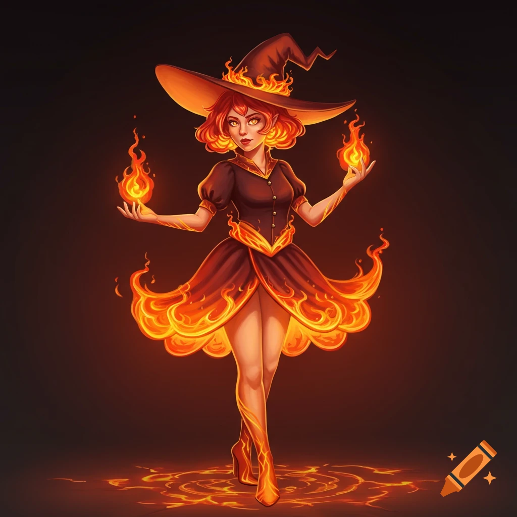 Fire witch Elle with red hair, fire skirt and hat, wielding fire magic on Craiyon