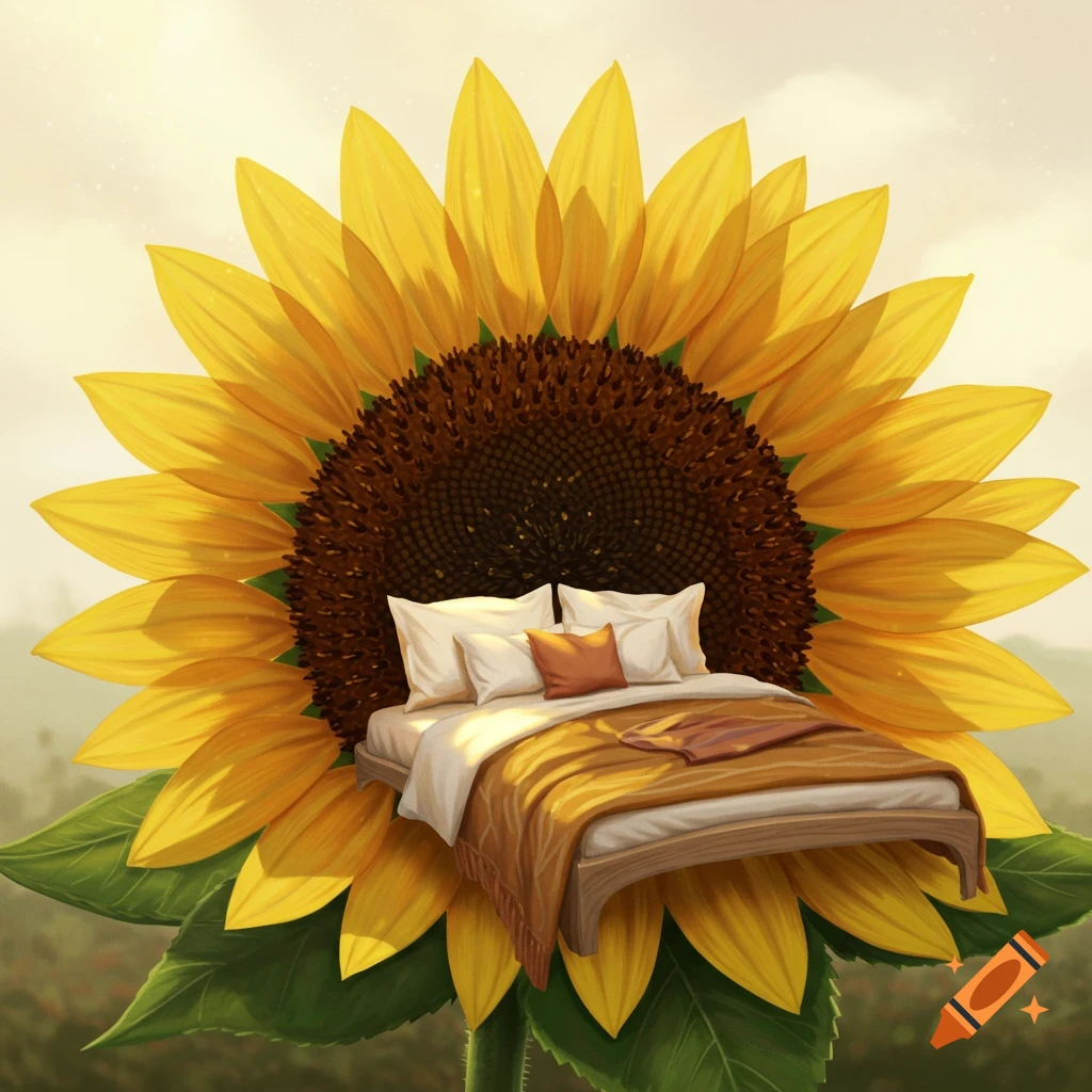 Digital painting of a bed nestled in the center of a giant sunflower. on Craiyon