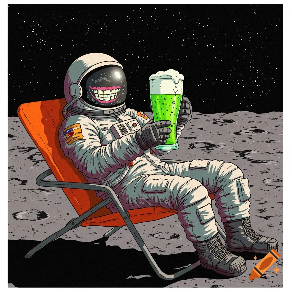 Astronaut on the moon in beach chair holding green beer. on Craiyon