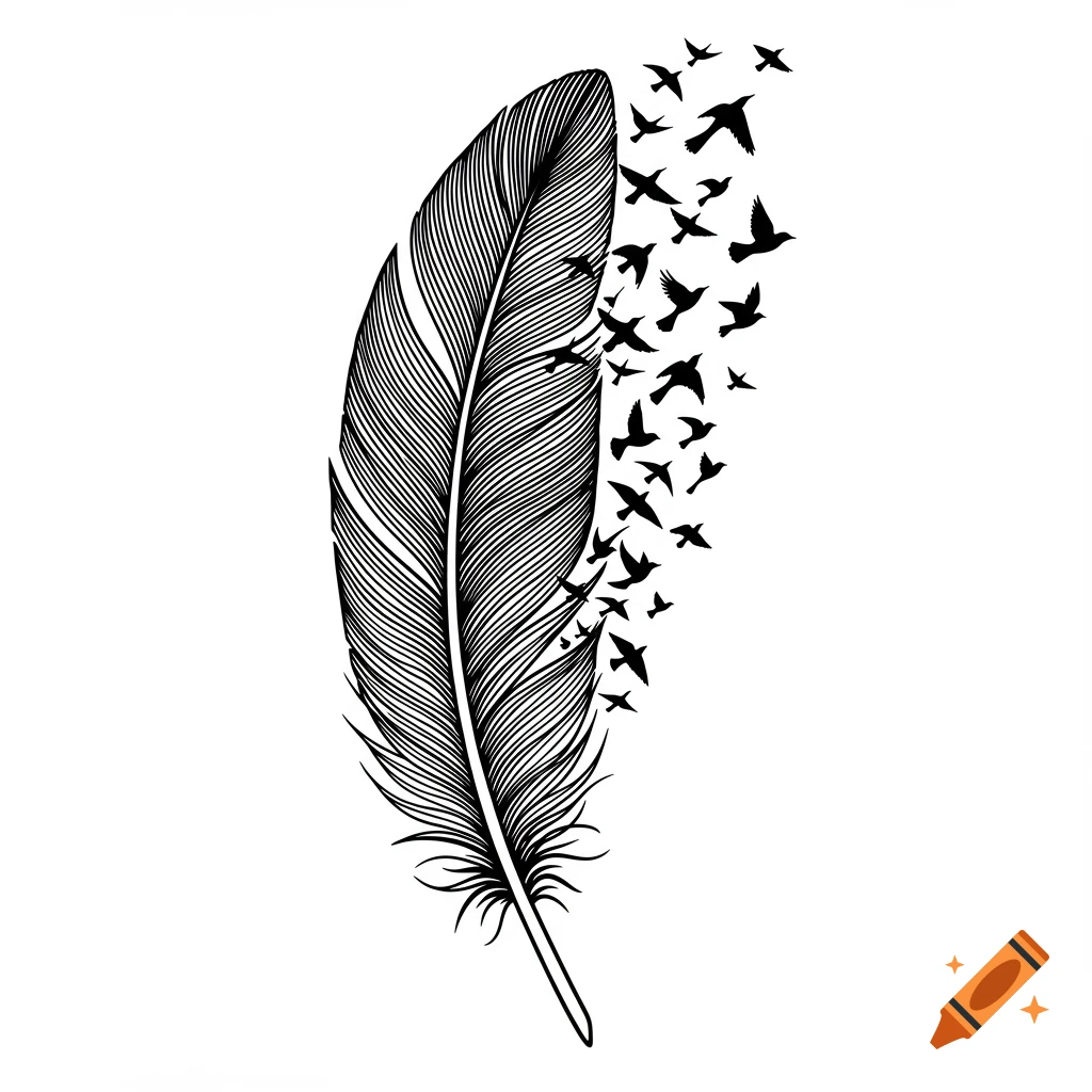 Black and white outline feather transforming into flying birds on Craiyon