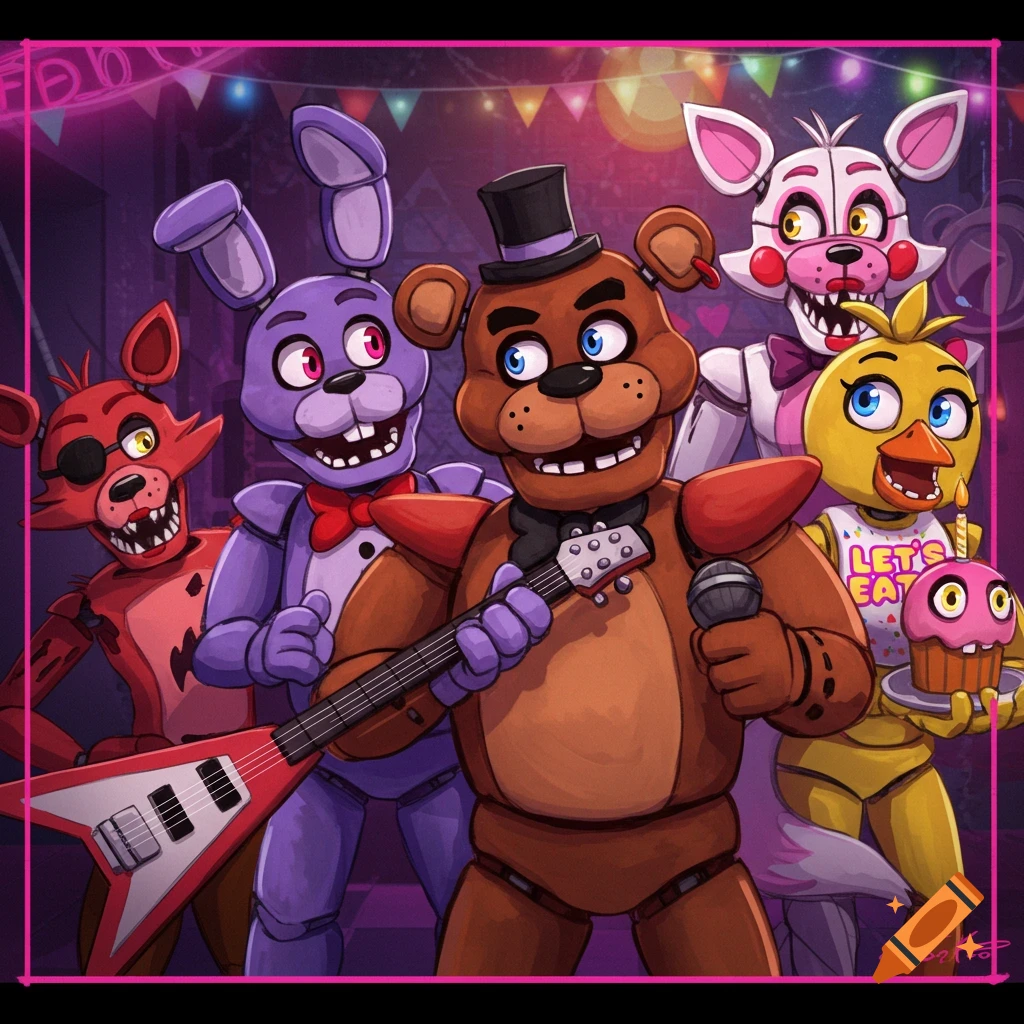 Freddy, Bonnie, Foxy, and Chica from Five Nights at Freddy's. on Craiyon