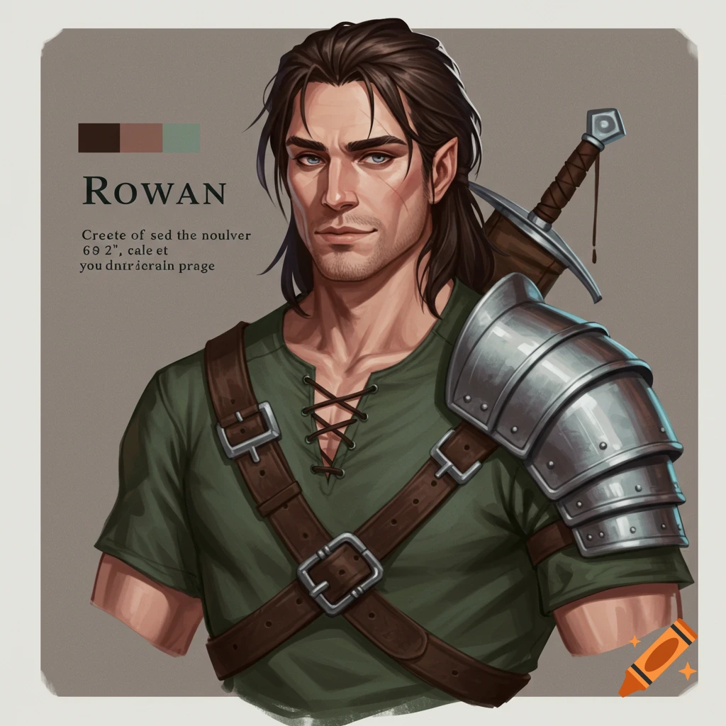 Character Rowan, 6'2", muscular build, dark brown hair on Craiyon