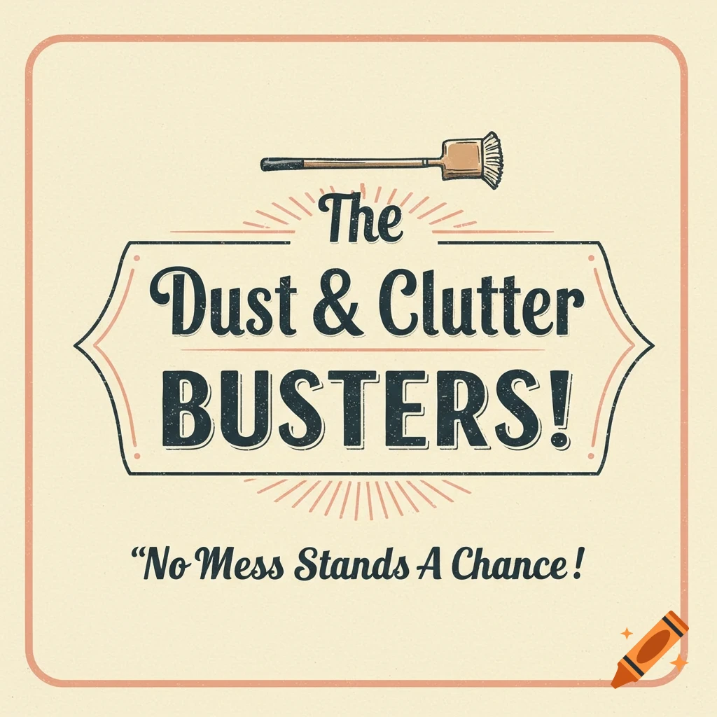 Retro logo for The Dust & Clutter Busters with vintage script on Craiyon