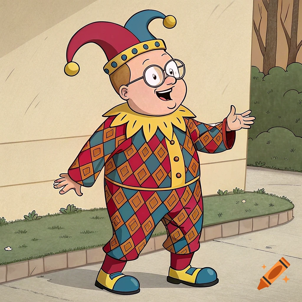 A cartoon character wearing a colorful jester suit stands outside. on ...