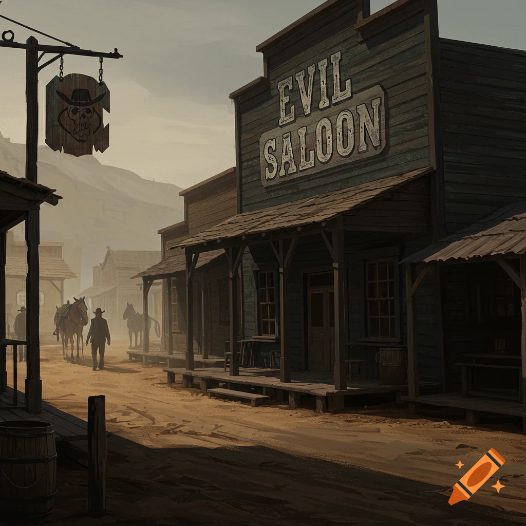 A dusty western street with an "Evil Saloon," figures of cowboys, and ...