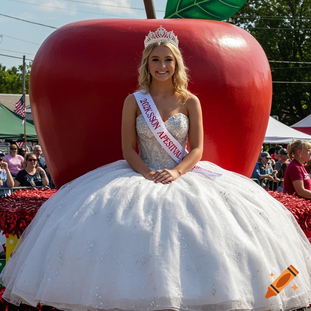 Blonde girl in white gown on apple float, Jackson Apple Festival Queen ...