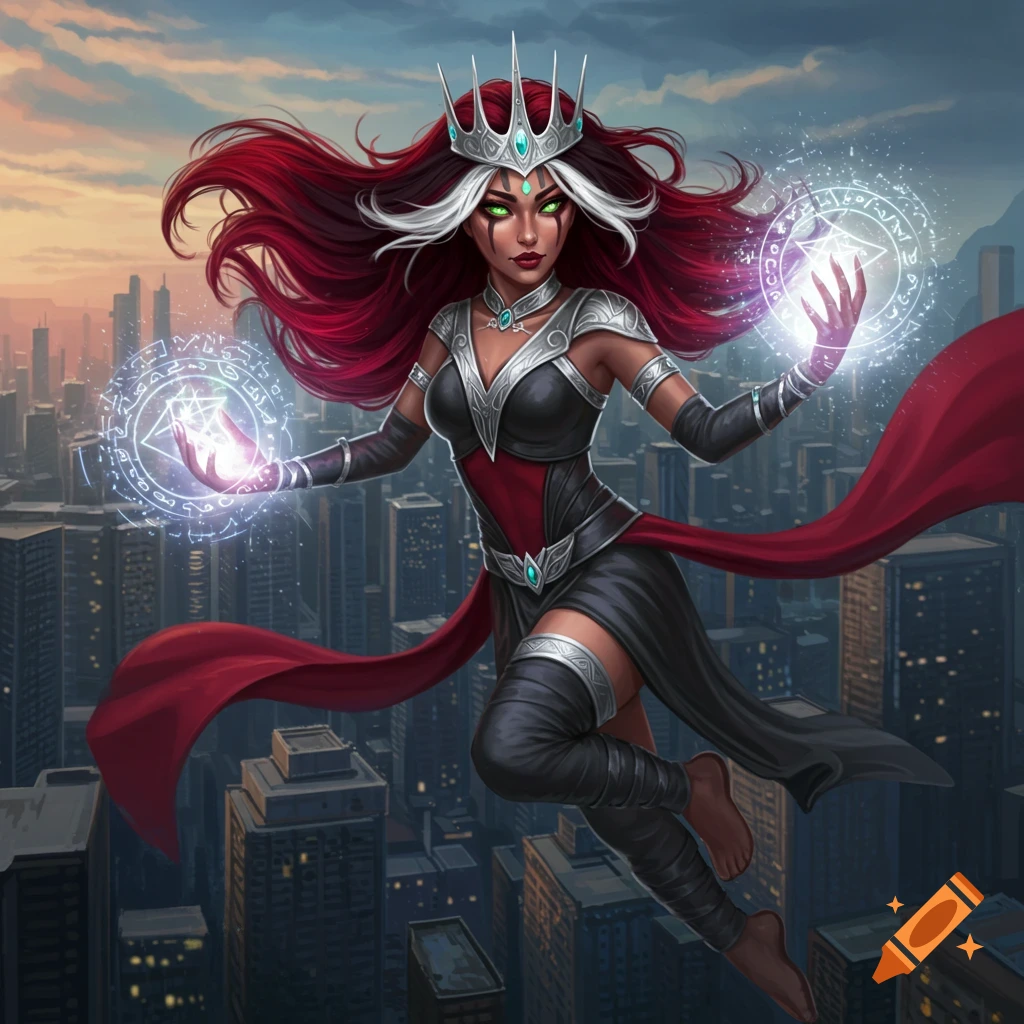 Alien girl with red hair, white streaks, tan skin, green eyes, silver ...