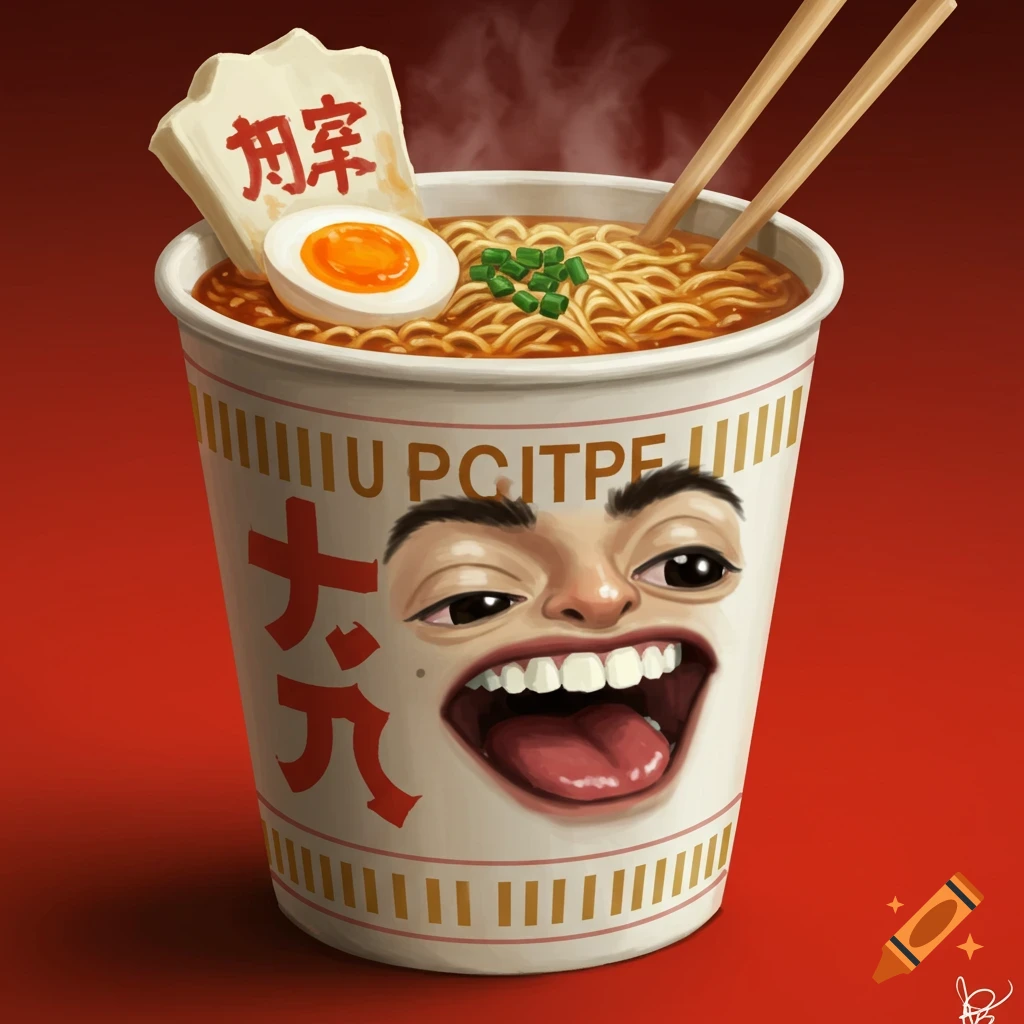 A cup of top ramen with a face showing RBF on Craiyon