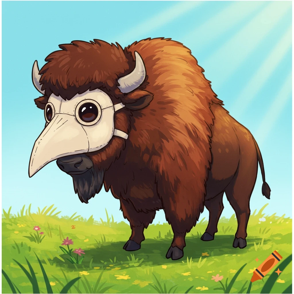 Cartoon bison wearing a plague doctor mask in a grassy field. on Craiyon