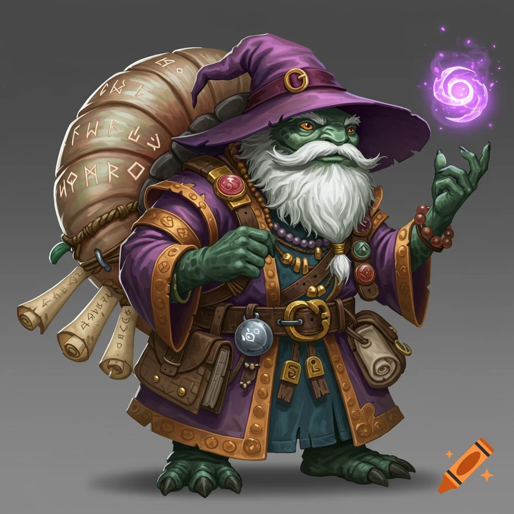 D&D dark green male tortle wizard with white beard, robes, wizard hat ...
