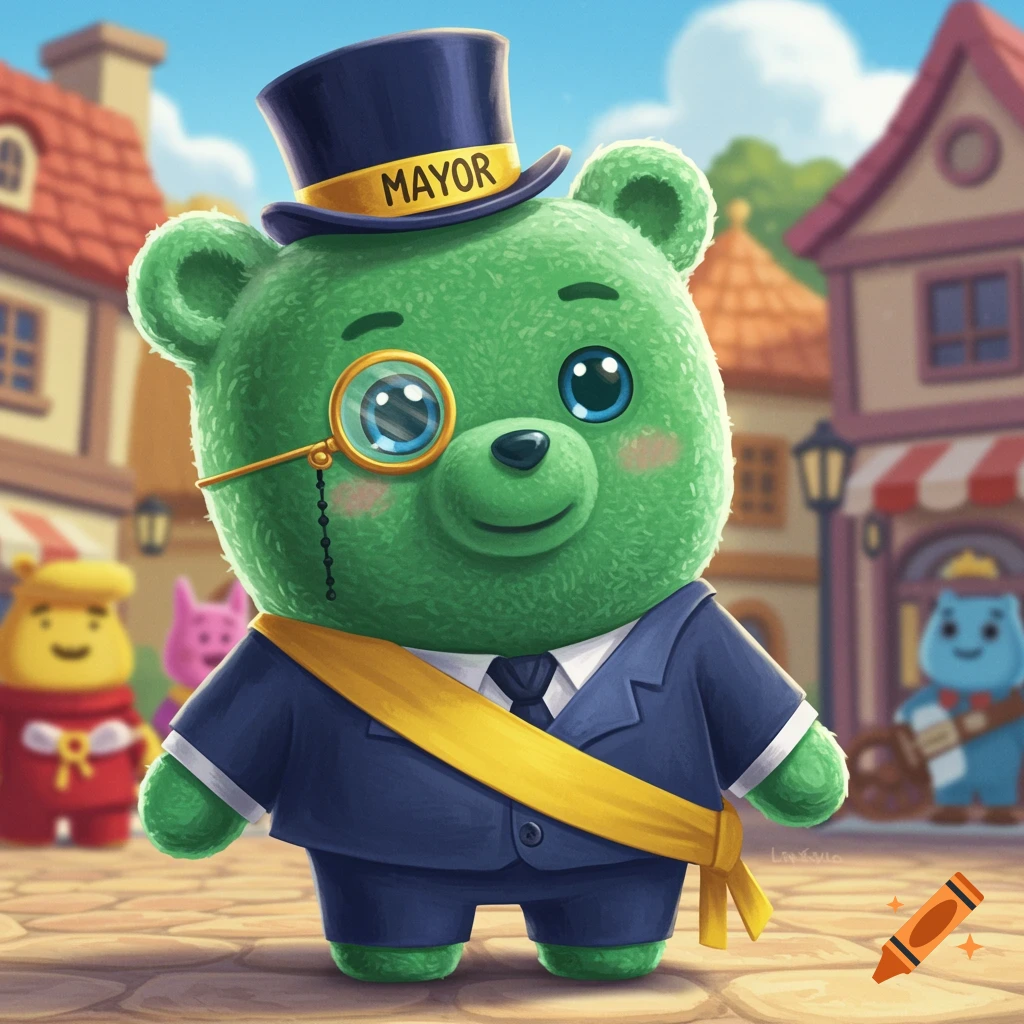 A cute cartoon green gummy bear mayor wearing a suit, monocle, and top ...