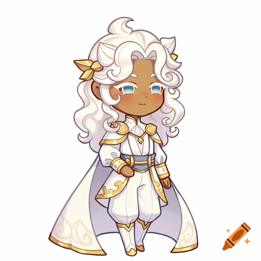 A chibi character with white curly hair and white and gold armor. on ...