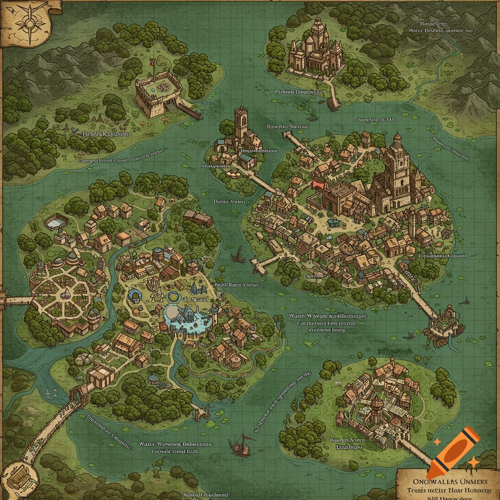City map for D&D campaign; island city in marshland with floating ...