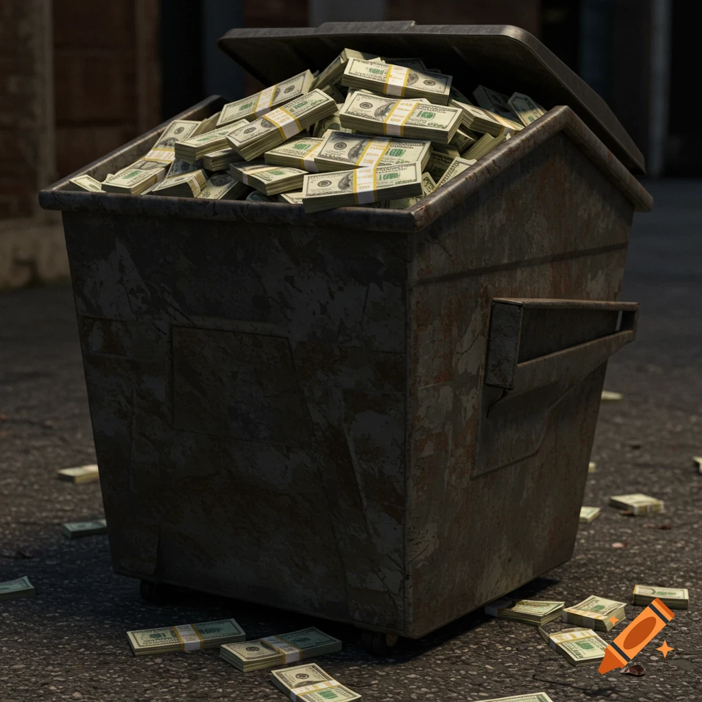 Realistic dumpster filled with cash on Craiyon