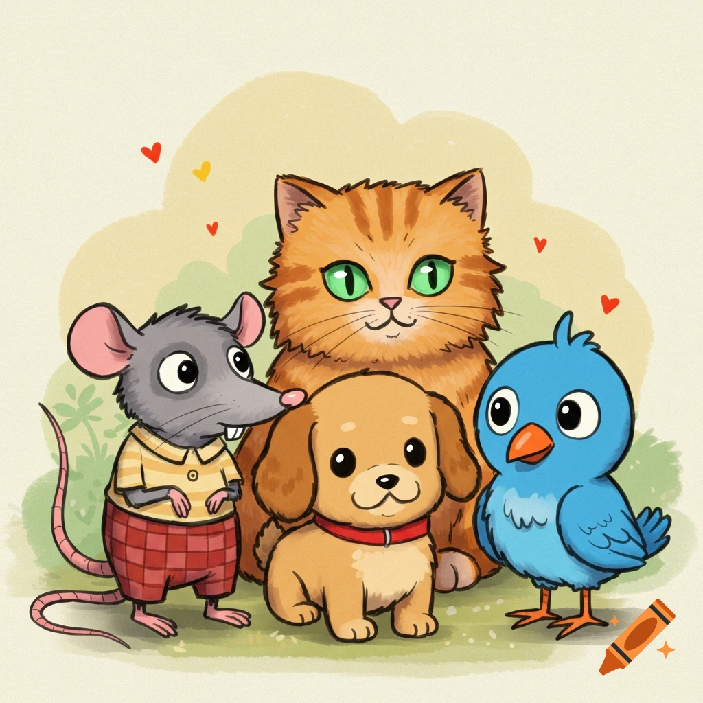 Cartoon rat, cat, puppy, and blue bird telling secrets on Craiyon