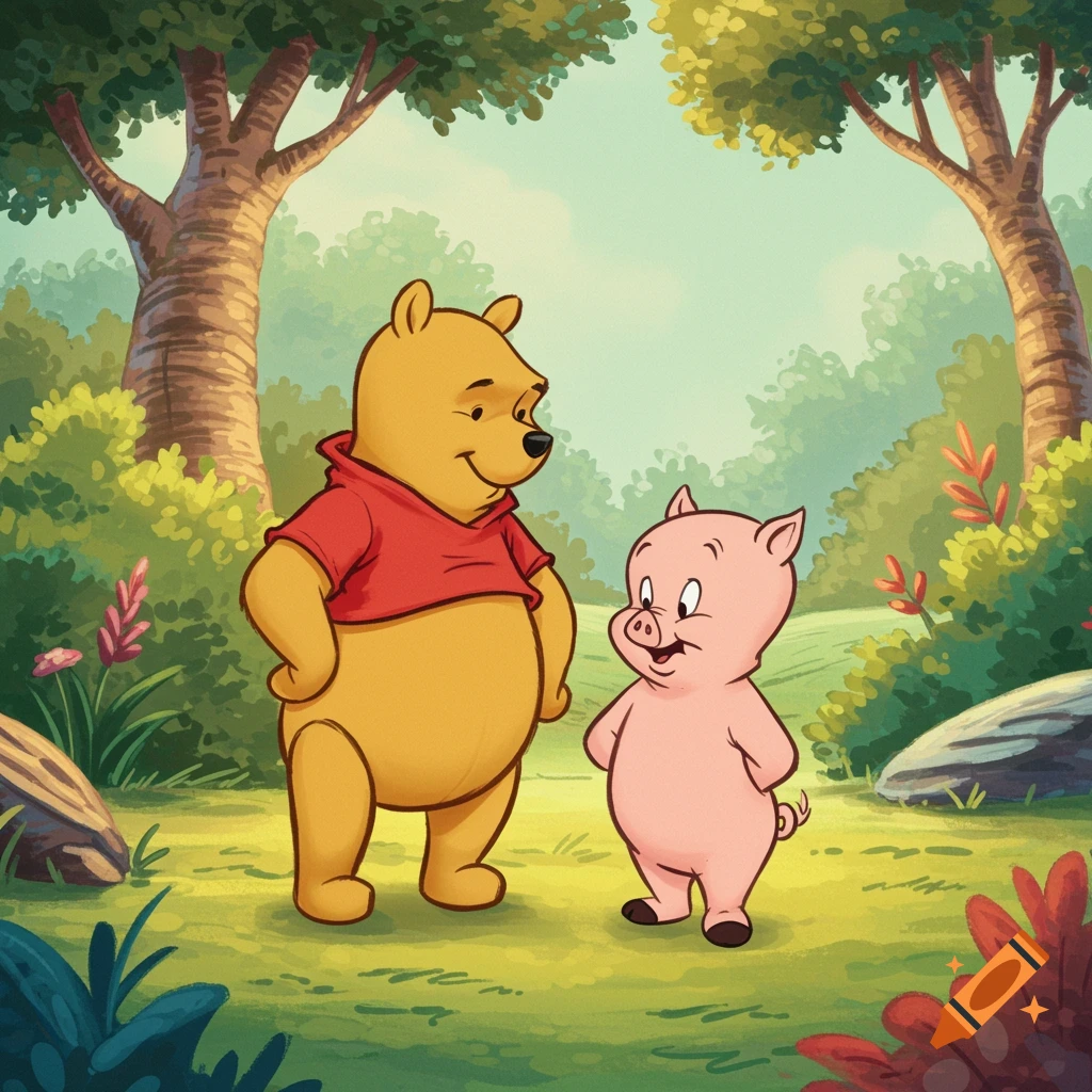 Winnie the Pooh and Porky Pig stand together in a vibrant, illustrated ...