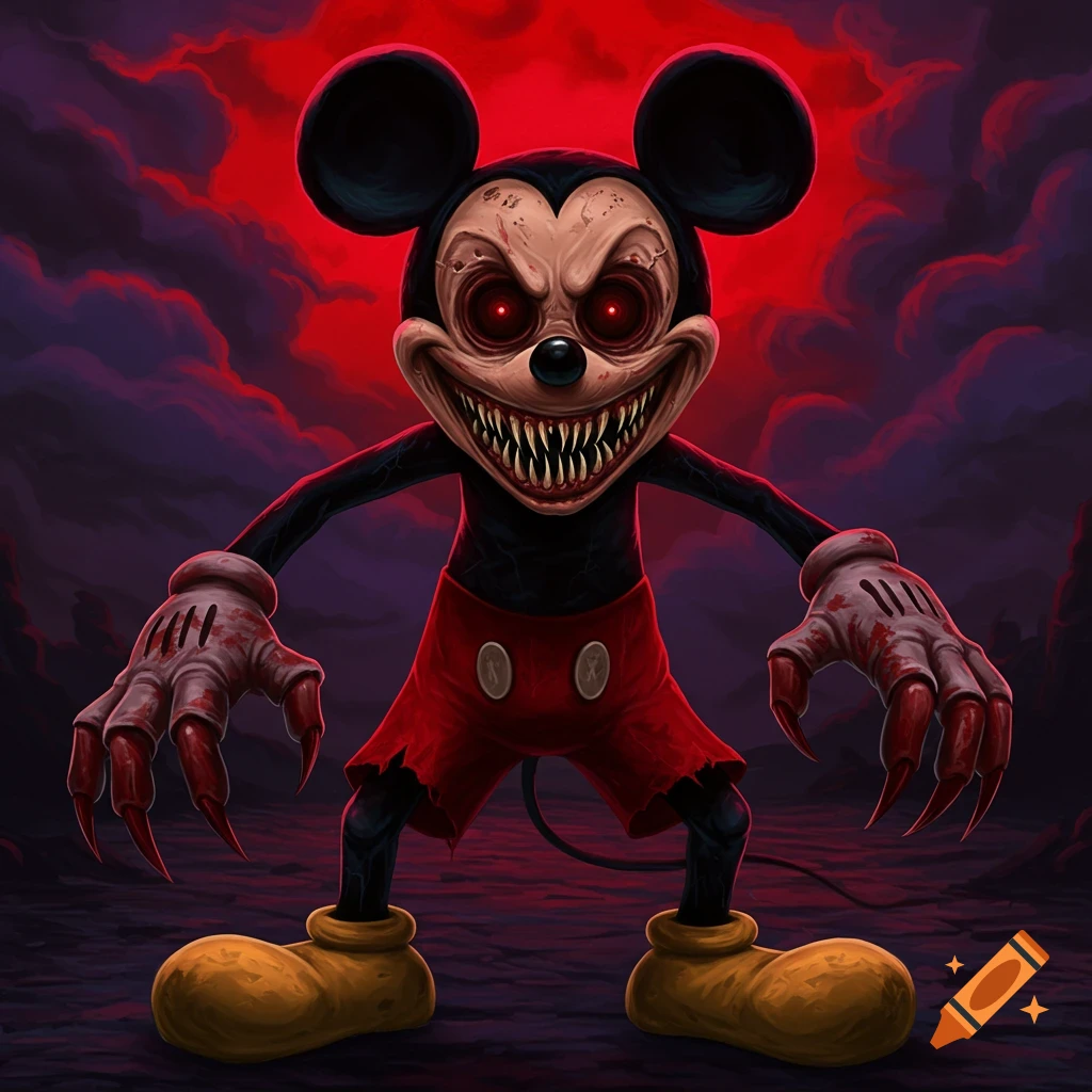 Creepy depiction of Mickey Mouse with glowing red eyes and sharp teeth on Craiyon