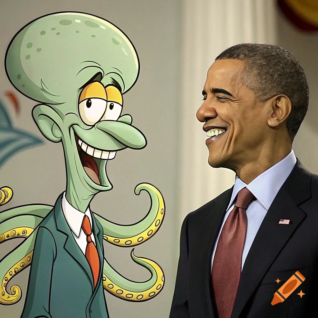 Cartoon character resembling Squidward standing in a suit next to ...