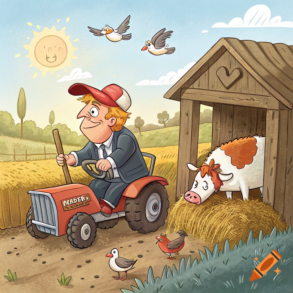 Cartoon of a man with orange hair doing farm work on Craiyon