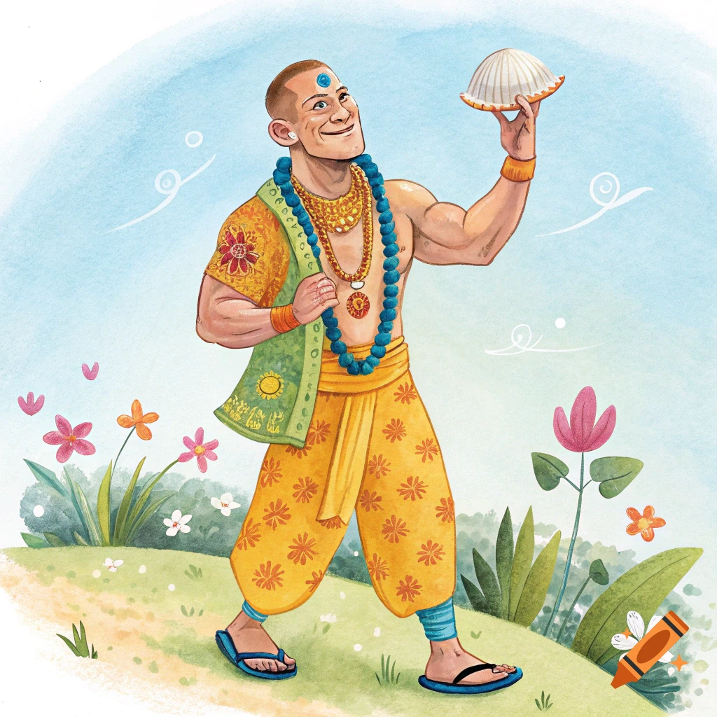 Illustration of a man dressed as a Hare Krishna walking in a field of ...