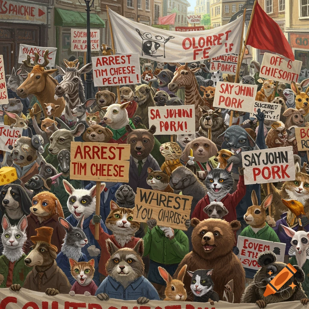 Animals protesting with signs about Tim Cheese and John Pork on Craiyon