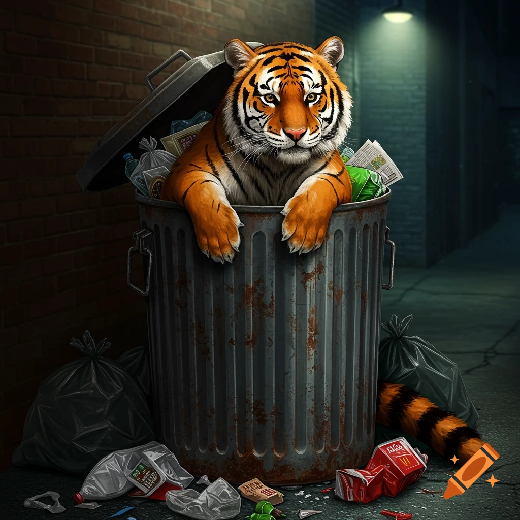 A tiger is in a trash can in an alley with trash around. on Craiyon
