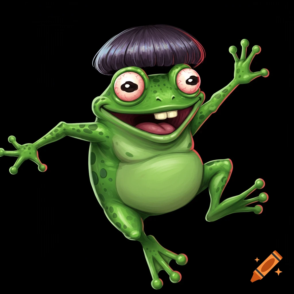 A green cartoon frog with big red eyes and a dark bowl cut jumps ...