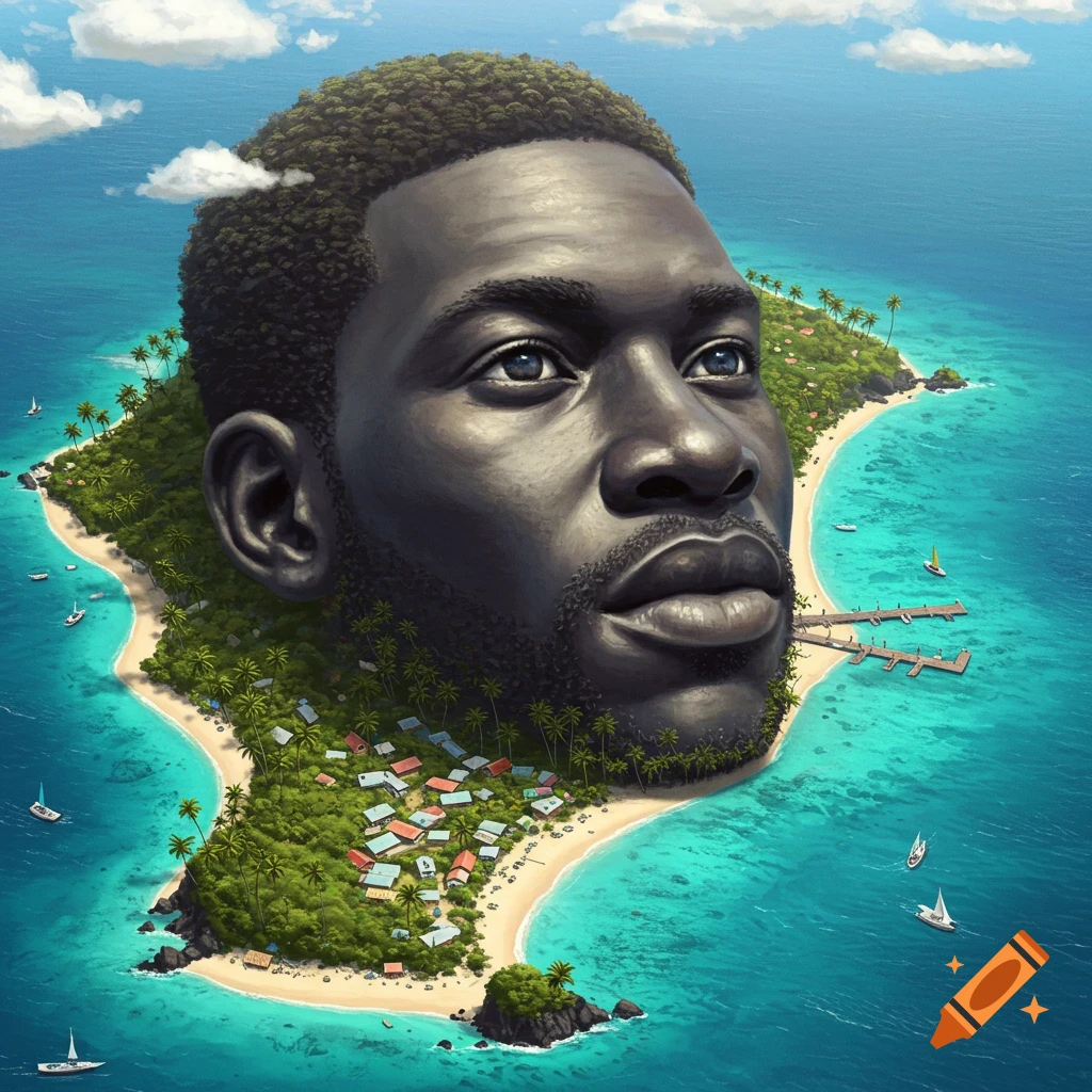 An island shaped like LeBron James' head in a tropical ocean setting ...