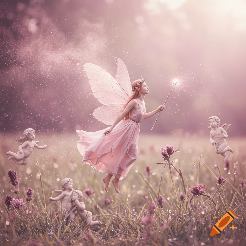 A fairy floats in a dewy meadow with cherubs in a soft-focus, dreamy style. on Craiyon