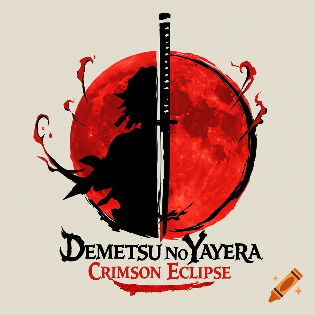 Demon Slayer inspired logo with text Kimetsu no yaiba: crimson eclipse on Craiyon