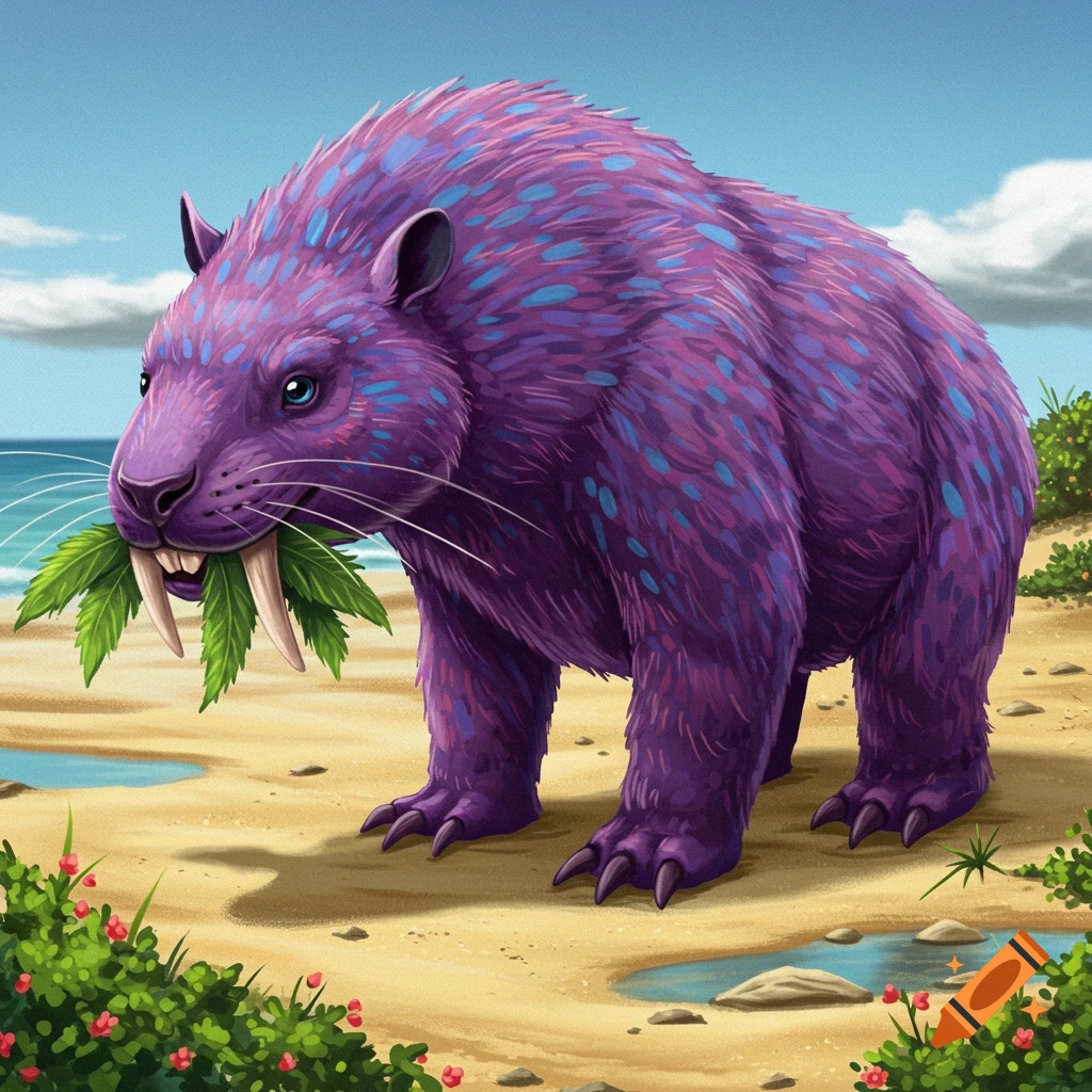 Colorful mammal with large teeth in a stormy beach environment on Craiyon