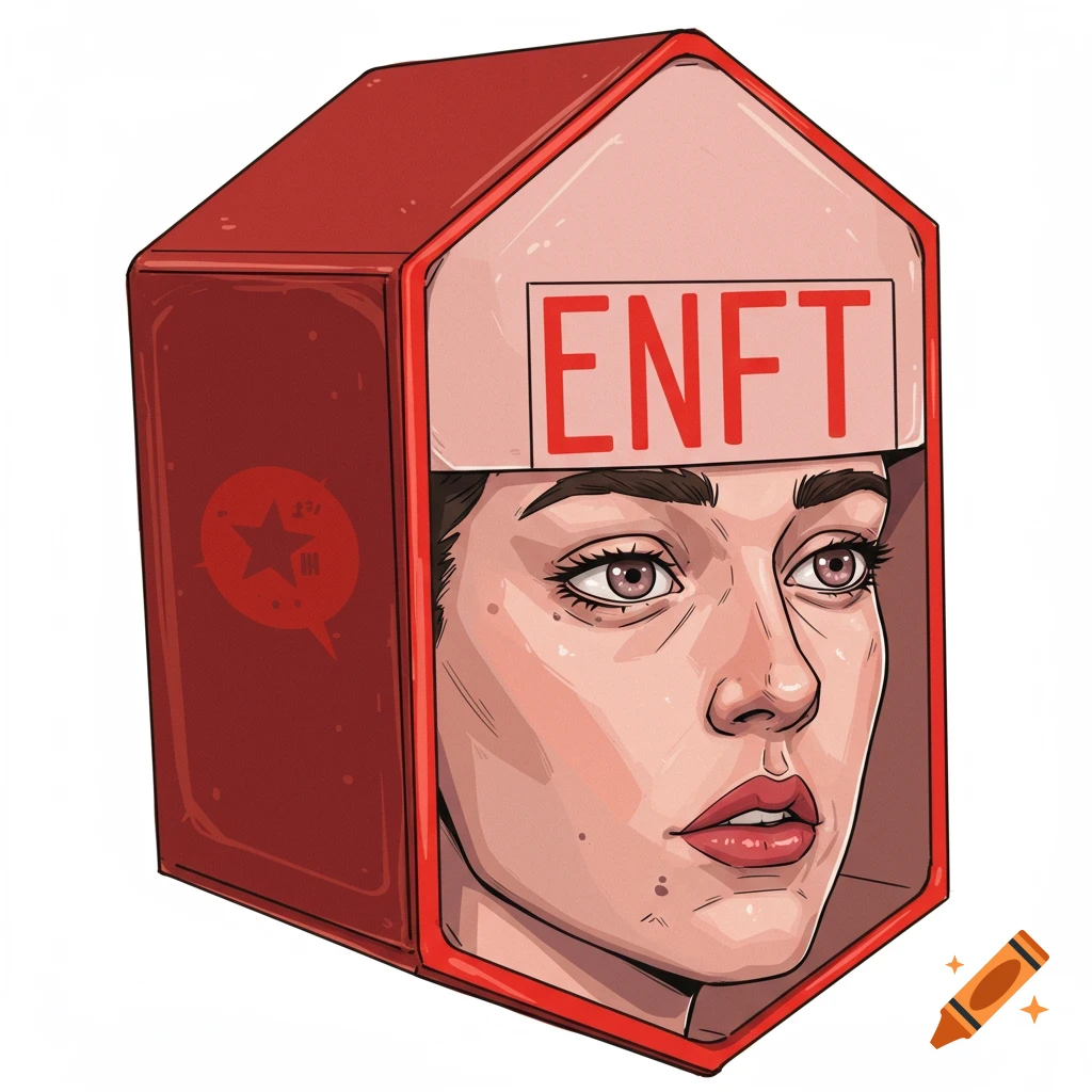 Stylized illustration of a woman's head inside a red box with 'ENFT ...