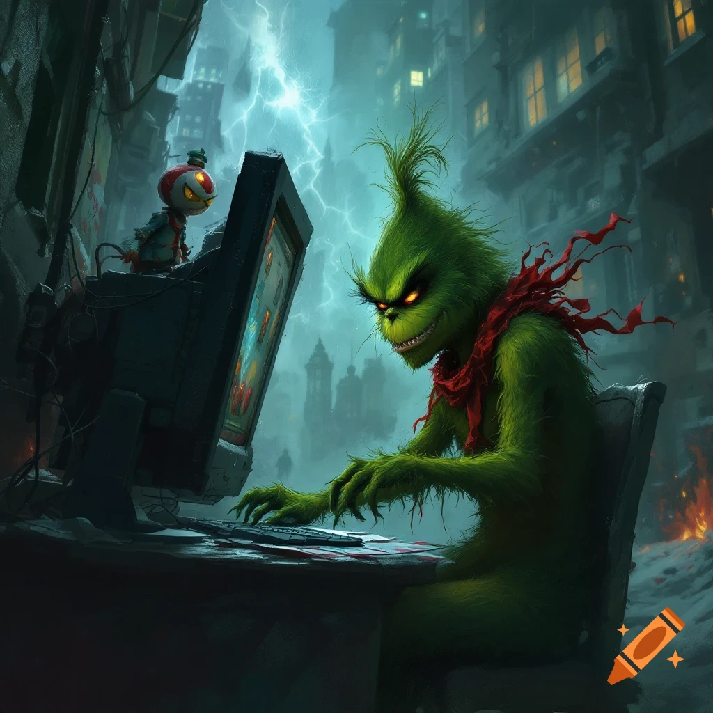The Grinch using a computer in city slums, with gambling content ...