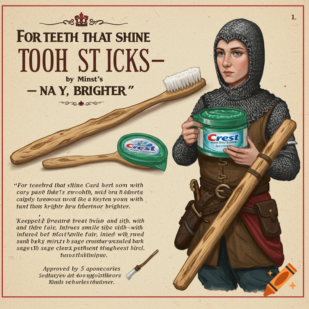 Tooth Sticks by Crest: Medieval-themed toothbrush advertisement on Craiyon