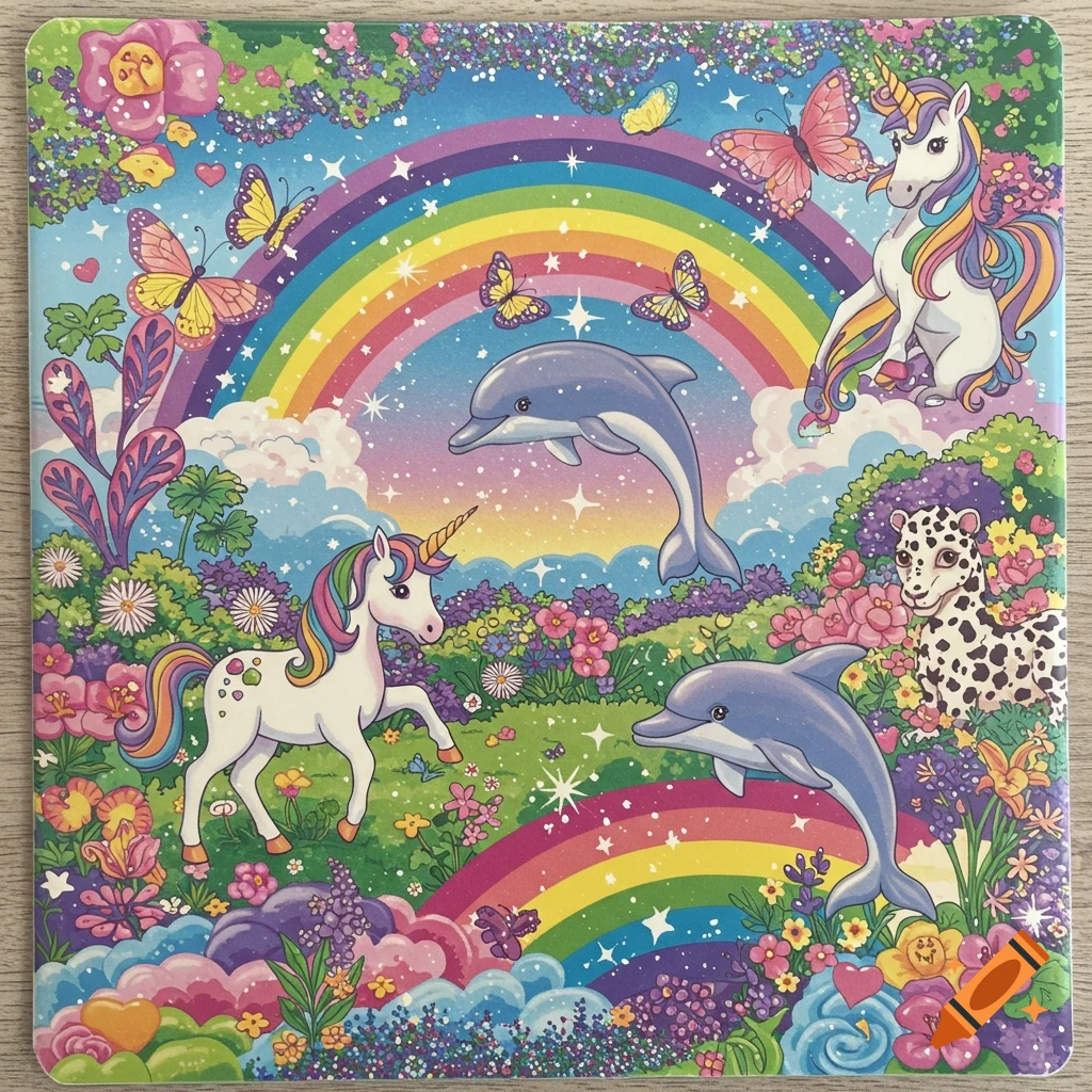 Intricate, colorful illustration of unicorns, flowers, and skulls around a rainbow over a galaxy ...