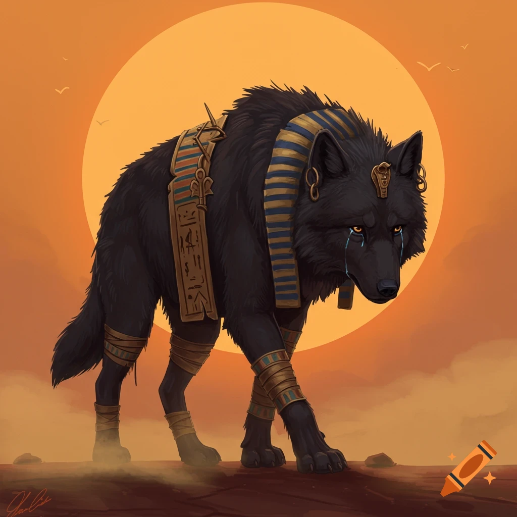 A black wolf wearing Egyptian accessories walks towards a large orange ...