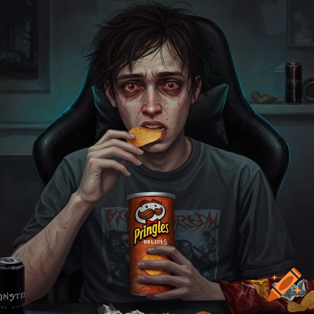 A young man is lying in bed, covered in bags of Fritos chips. on Craiyon