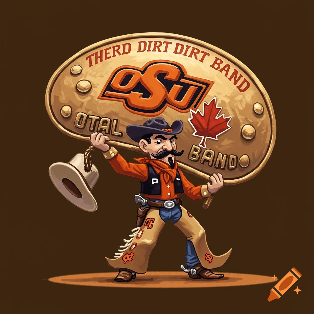 Oklahoma State University Pistol Pete belt buckle with Red Dirt Band banner on Craiyon