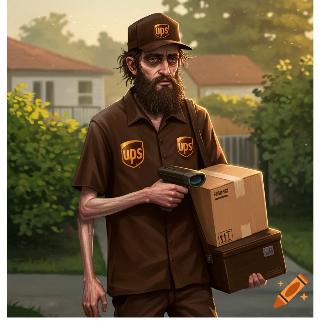 A skinny, bearded UPS driver is standing outside a house, holding a ...