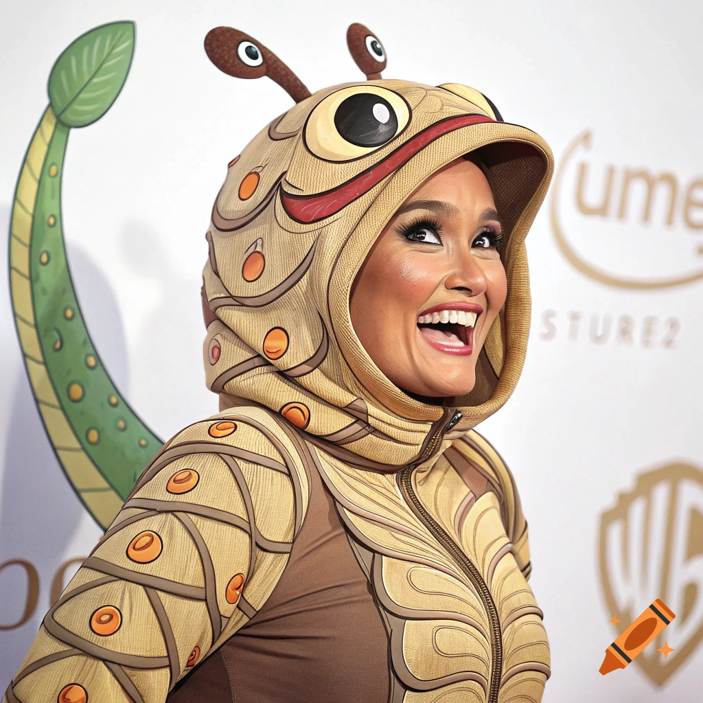 Person in a detailed worm costume smiles on a red carpet on Craiyon