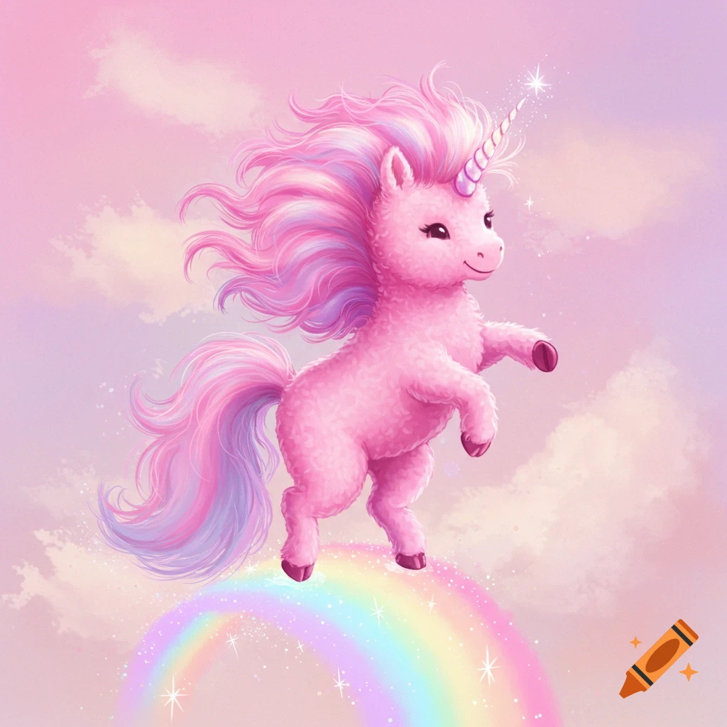 A pink fluffy unicorn dances on a rainbow in a cloudy sky. on Craiyon