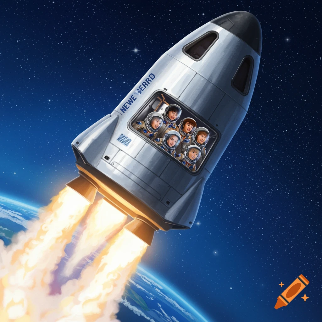 A large orange and white rocket launches from a tower into space, with ...