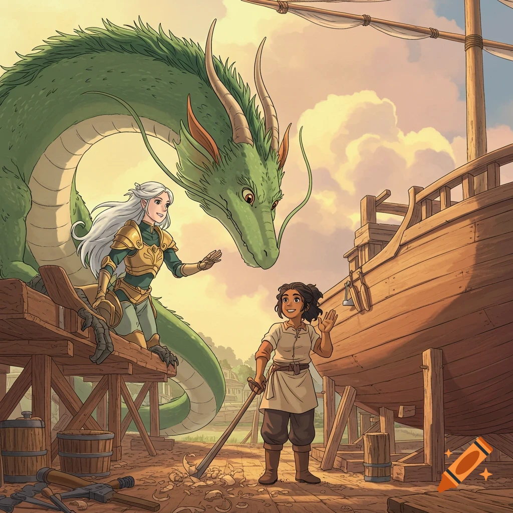 Female Dragon Rider Meets a Female Shipbuilder in Ghibli Style created ...