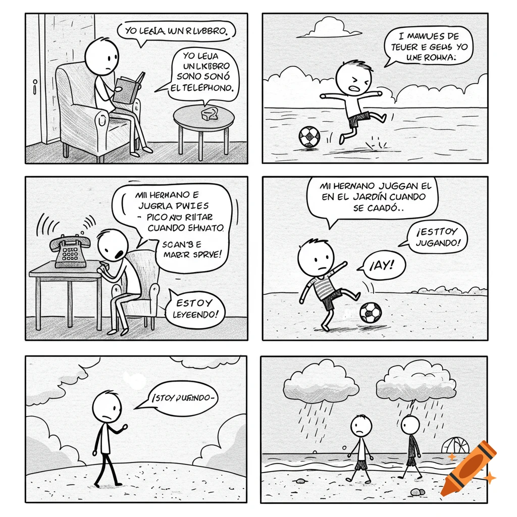 Comic strip in Spanish showing stick figures reading, playing, and ...
