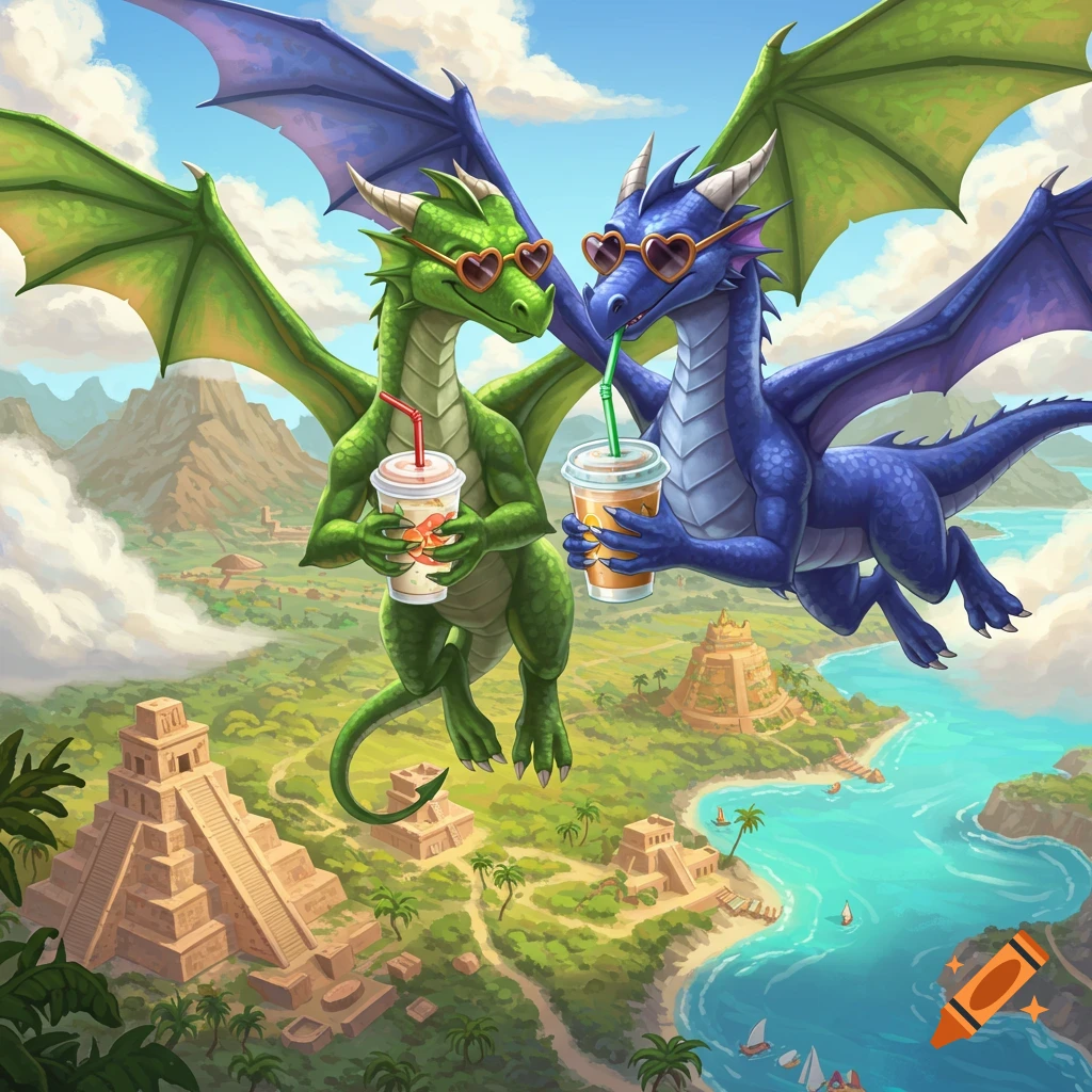 Two dragons wearing sunglasses sipping iced coffee mid-flight on Craiyon