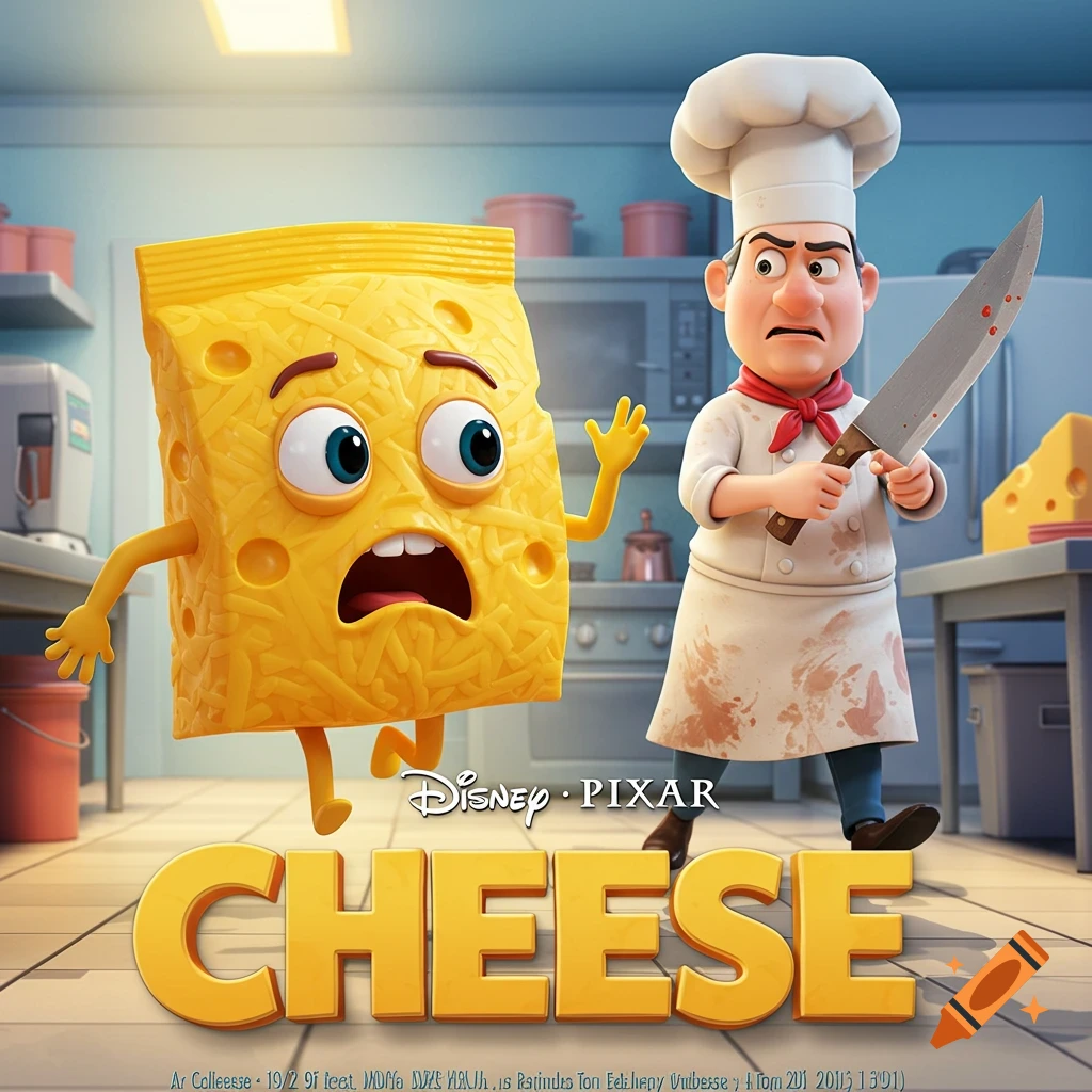 Disney Pixar movie poster of a lively bag of shredded cheese escaping a ...