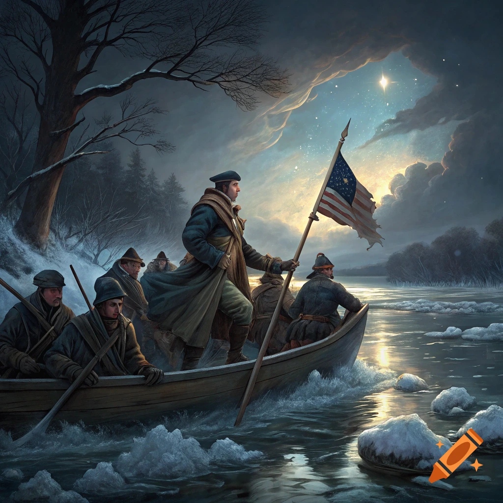 George Washington leads soldiers across a river in a boat at night ...