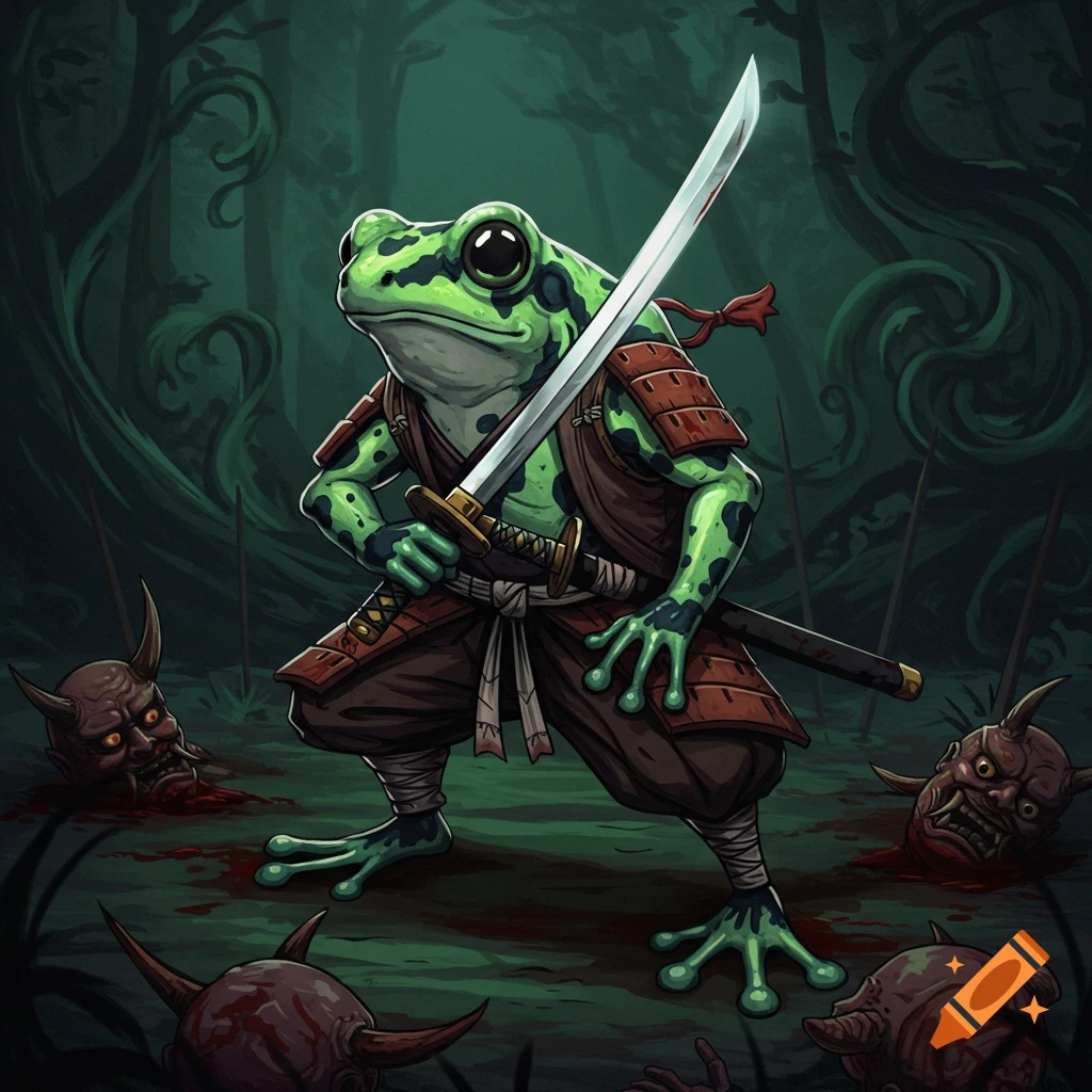 Green and black poison dart frog as a demon slayer on Craiyon