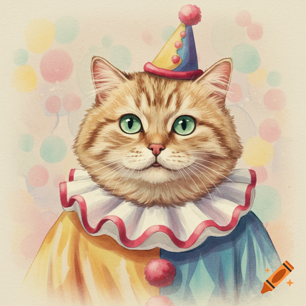 Tan tabby cat in clown costume, watercolor painting on Craiyon