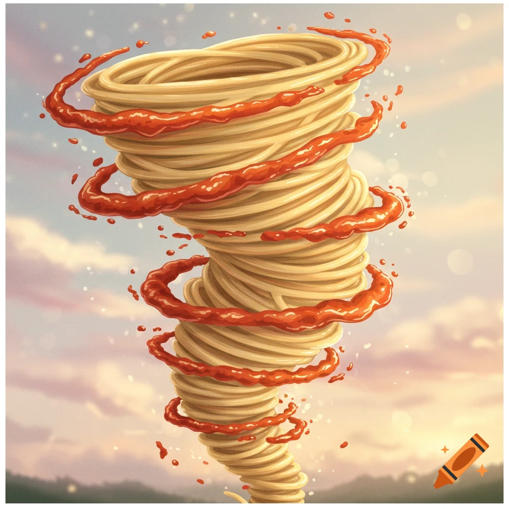 A tornado made of spaghetti noodles swirled with red sauce. on Craiyon